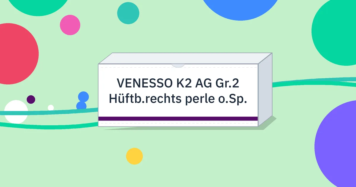 Symbolbild: Packung mit der Aufschrift VENESSO K2 AG Gr.2 Hüftb.rechts perle o.Sp. (PZN 03271716) – Verfügbarkeit und Bezug in Apotheken in Frankfurt am Main