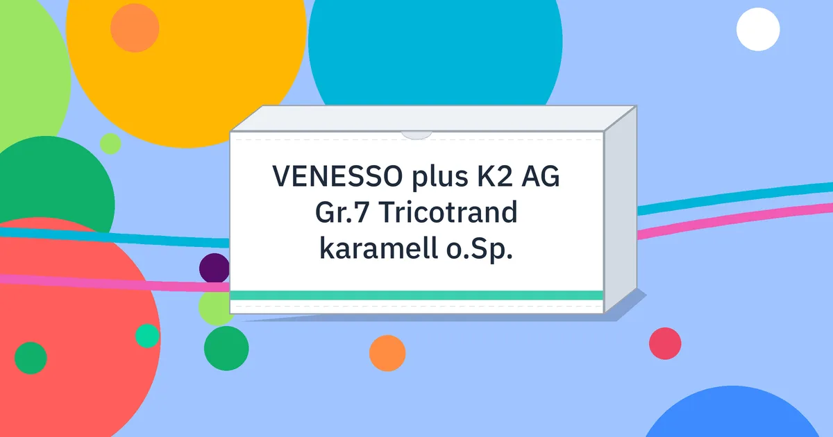Symbolbild: Packung mit der Aufschrift VENESSO plus K2 AG Gr.7 Tricotrand karamell o.Sp. (PZN 13763260) – Verfügbarkeit und Bezug in Apotheken in Frankfurt am Main