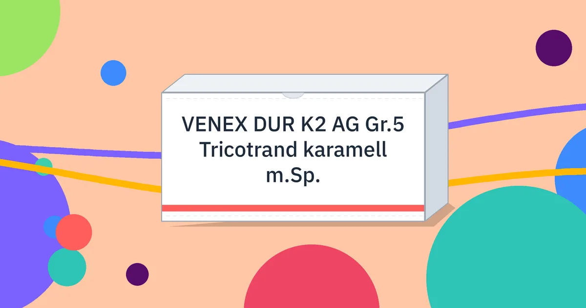 Symbolbild: Packung mit der Aufschrift VENEX DUR K2 AG Gr.5 Tricotrand karamell m.Sp. (PZN 13762846) – Verfügbarkeit und Bezug in Apotheken in Frankfurt am Main