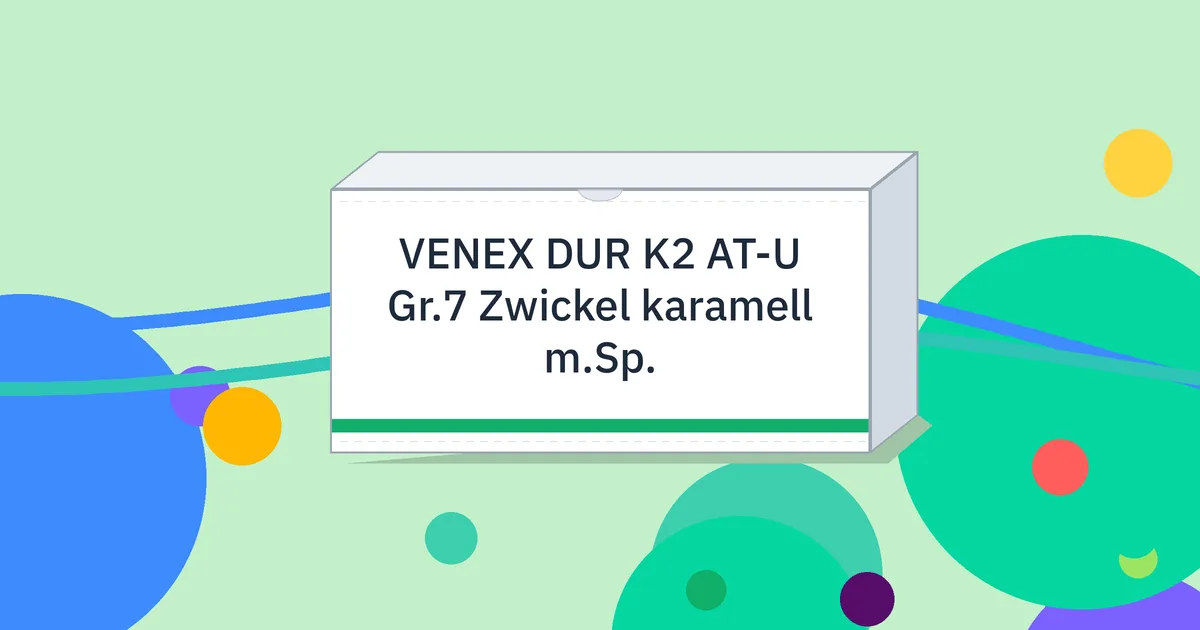 Symbolbild: Packung mit der Aufschrift VENEX DUR K2 AT-U Gr.7 Zwickel karamell m.Sp. (PZN 13759548) – Verfügbarkeit und Bezug in Apotheken in Frankfurt am Main