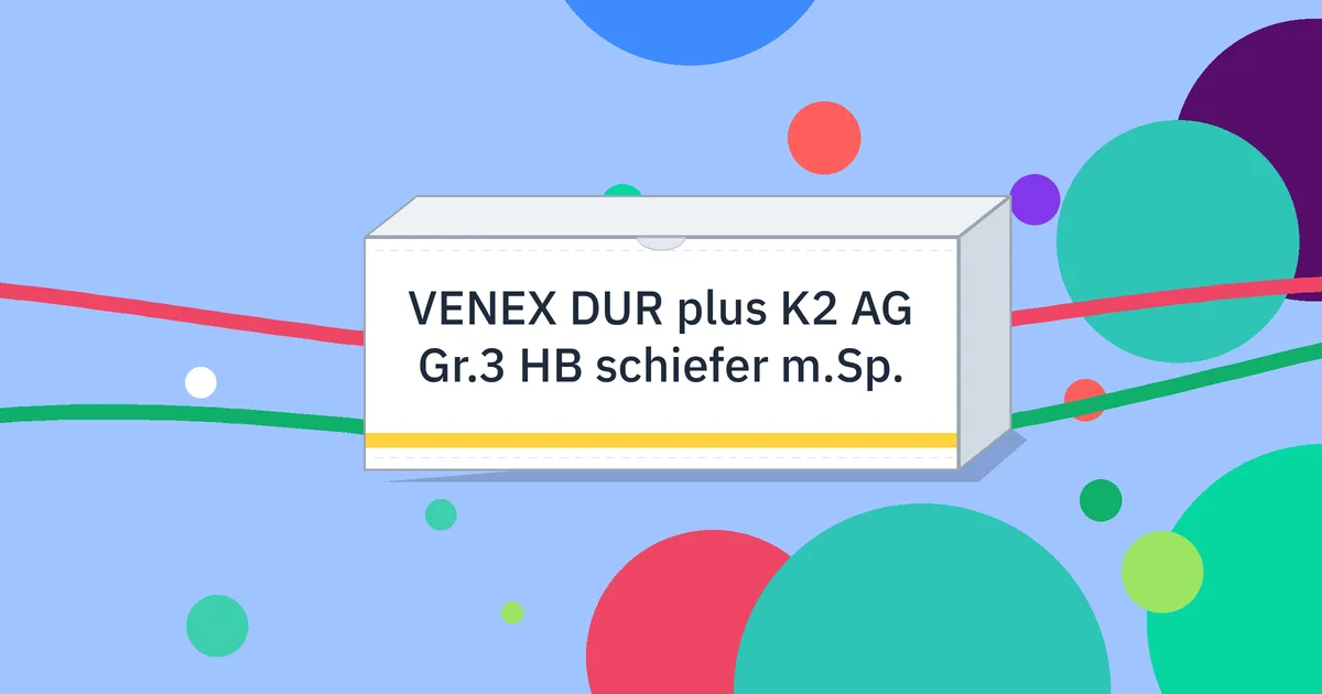 Symbolbild: Packung mit der Aufschrift VENEX DUR plus K2 AG Gr.3 HB schiefer m.Sp. (PZN 03236677) – Verfügbarkeit und Bezug in Apotheken in Frankfurt am Main