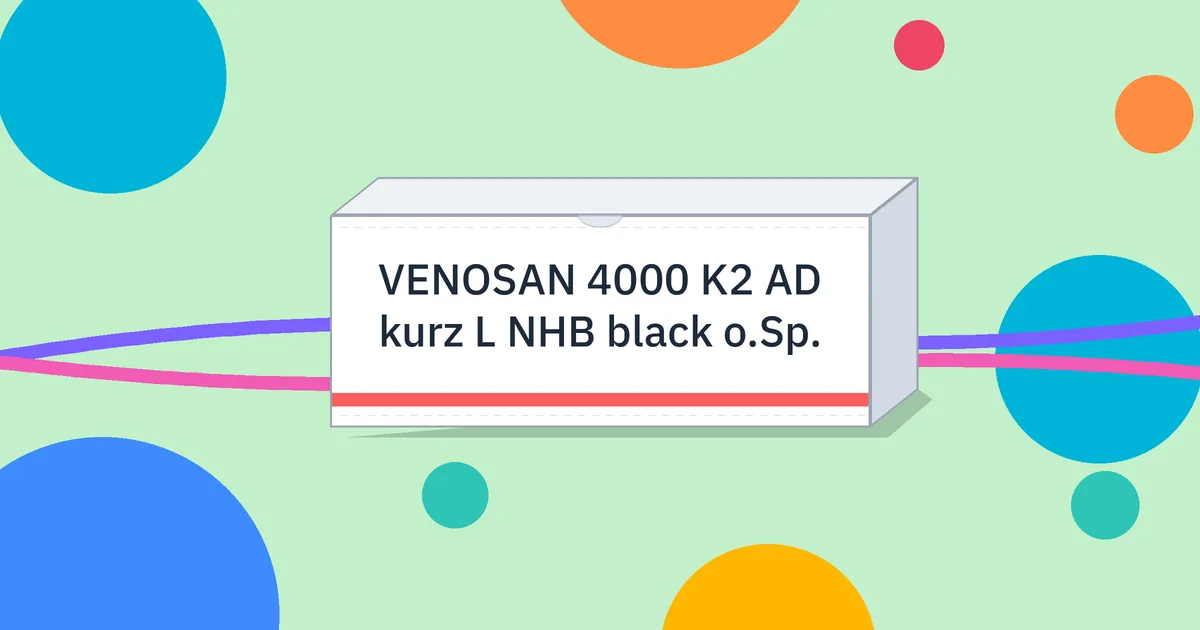 Symbolbild: Packung mit der Aufschrift VENOSAN 4000 K2 AD kurz L NHB black o.Sp. (PZN 14427446) – Verfügbarkeit und Bezug in Apotheken in Frankfurt am Main