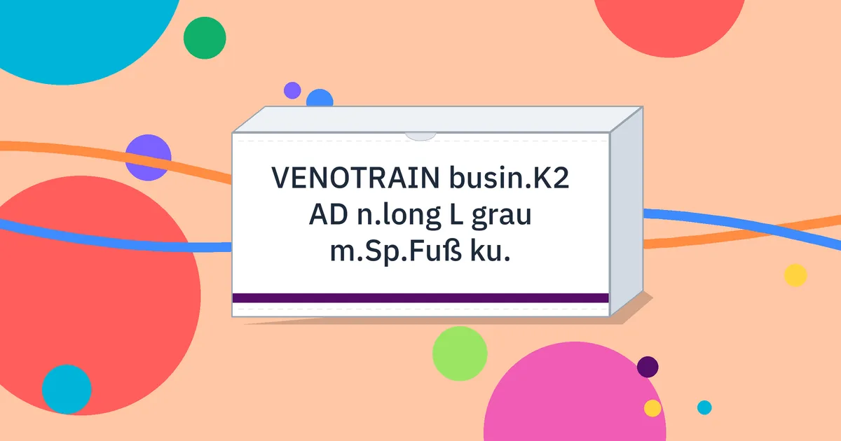 Symbolbild: Packung mit der Aufschrift VENOTRAIN busin.K2 AD n.long L grau m.Sp.Fuß ku. (PZN 19057600) – Verfügbarkeit und Bezug in Apotheken in Frankfurt am Main