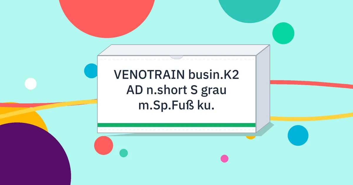 Symbolbild: Packung mit der Aufschrift VENOTRAIN busin.K2 AD n.short S grau m.Sp.Fuß ku. (PZN 19057534) – Verfügbarkeit und Bezug in Apotheken in Frankfurt am Main