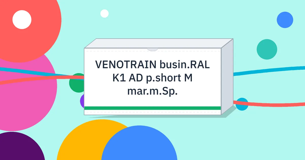 Symbolbild: Packung mit der Aufschrift VENOTRAIN busin.RAL K1 AD p.short M mar.m.Sp. (PZN 06948349) – Verfügbarkeit und Bezug in Apotheken in Frankfurt am Main