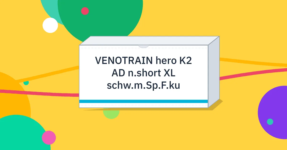 Symbolbild: Packung mit der Aufschrift VENOTRAIN hero K2 AD n.short XL schw.m.Sp.F.ku (PZN 19189595) – Verfügbarkeit und Bezug in Apotheken in Frankfurt am Main