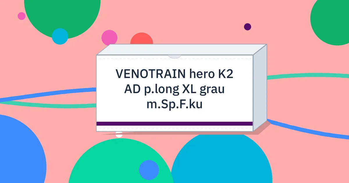 Symbolbild: Packung mit der Aufschrift VENOTRAIN hero K2 AD p.long XL grau m.Sp.F.ku (PZN 19190368) – Verfügbarkeit und Bezug in Apotheken in Frankfurt am Main