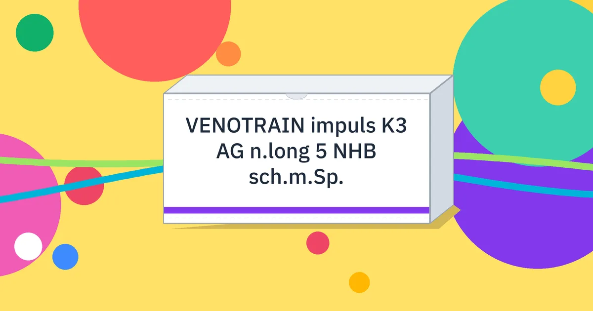 Symbolbild: Packung mit der Aufschrift VENOTRAIN impuls K3 AG n.long 5 NHB sch.m.Sp. (PZN 00522342) – Verfügbarkeit und Bezug in Apotheken in Frankfurt am Main