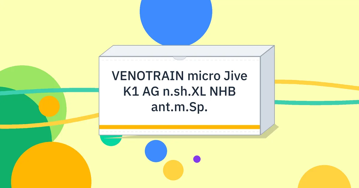 Symbolbild: Packung mit der Aufschrift VENOTRAIN micro Jive K1 AG n.sh.XL NHB ant.m.Sp. (PZN 17766485) – Verfügbarkeit und Bezug in Apotheken in Frankfurt am Main