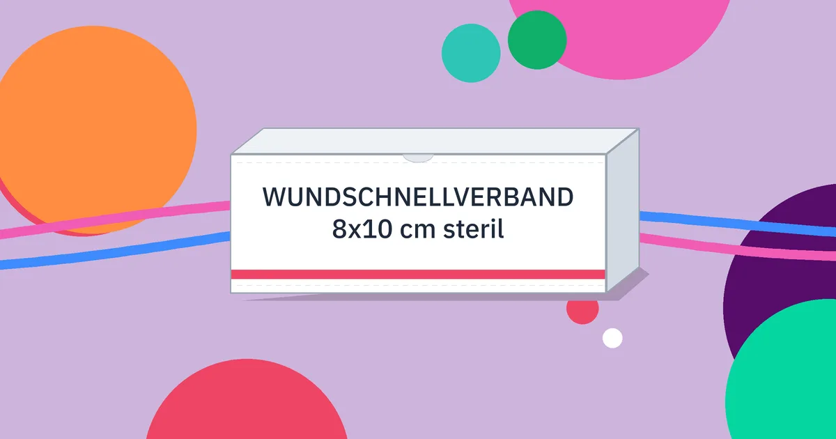 Symbolbild: Packung mit der Aufschrift WUNDSCHNELLVERBAND 8x10 cm steril (PZN 20126424) – Verfügbarkeit und Bezug in Apotheken in Frankfurt am Main