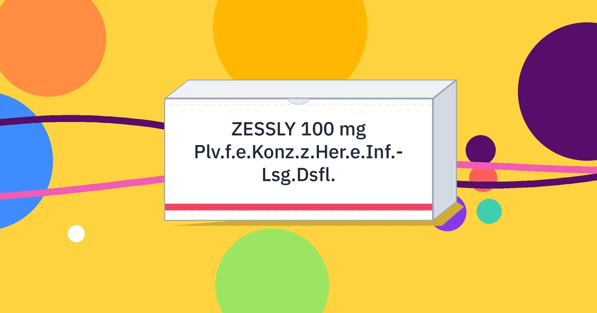 Symbolbild: Packung mit der Aufschrift ZESSLY 100 mg Plv.f.e.Konz.z.Her.e.Inf.-Lsg.Dsfl. (PZN 19398519) – Verfügbarkeit und Bezug in Apotheken in Frankfurt am Main