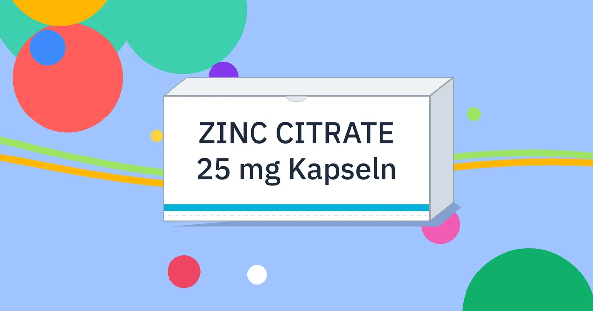Symbolbild: Packung mit der Aufschrift ZINC CITRATE 25 mg Kapseln (PZN 14412829) – Verfügbarkeit und Bezug in Apotheken in Frankfurt am Main