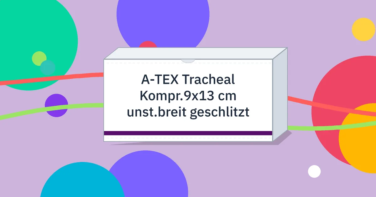 Symbolbild: Packung mit der Aufschrift A-TEX Tracheal Kompr.9x13 cm unst.breit geschlitzt (PZN 05520112) – Verfügbarkeit und Bezug in Apotheken in Frankfurt am Main