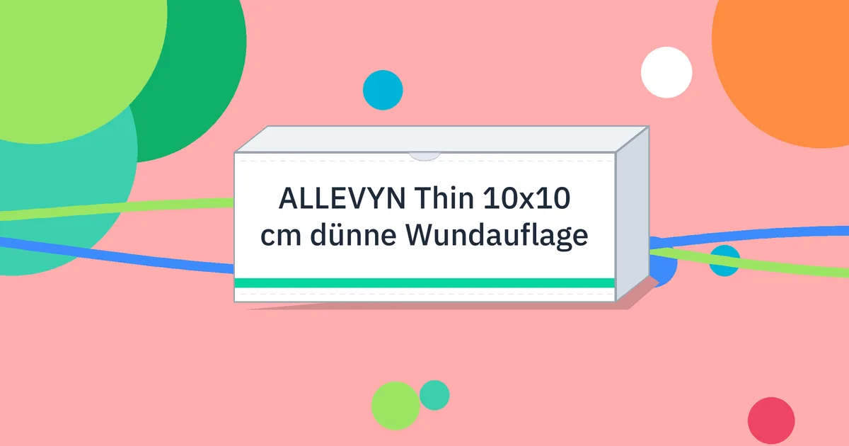 Symbolbild: Packung mit der Aufschrift ALLEVYN Thin 10x10 cm dünne Wundauflage (PZN 19698405) – Verfügbarkeit und Bezug in Apotheken in Frankfurt am Main