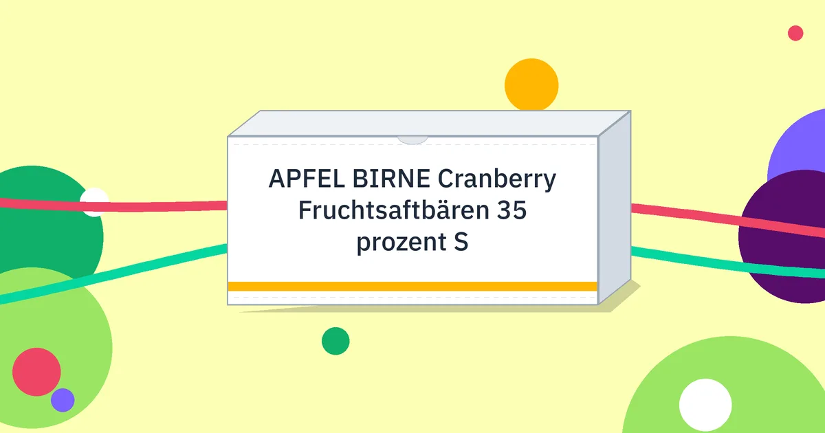 Symbolbild: Packung mit der Aufschrift APFEL BIRNE Cranberry Fruchtsaftbären 35 prozent S (PZN 17980557) – Verfügbarkeit und Bezug in Apotheken in Frankfurt am Main