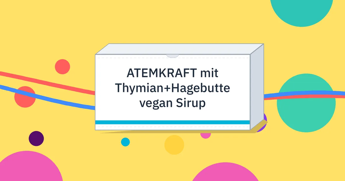 Symbolbild: Packung mit der Aufschrift ATEMKRAFT mit Thymian+Hagebutte vegan Sirup (PZN 16780709) – Verfügbarkeit und Bezug in Apotheken in Frankfurt am Main