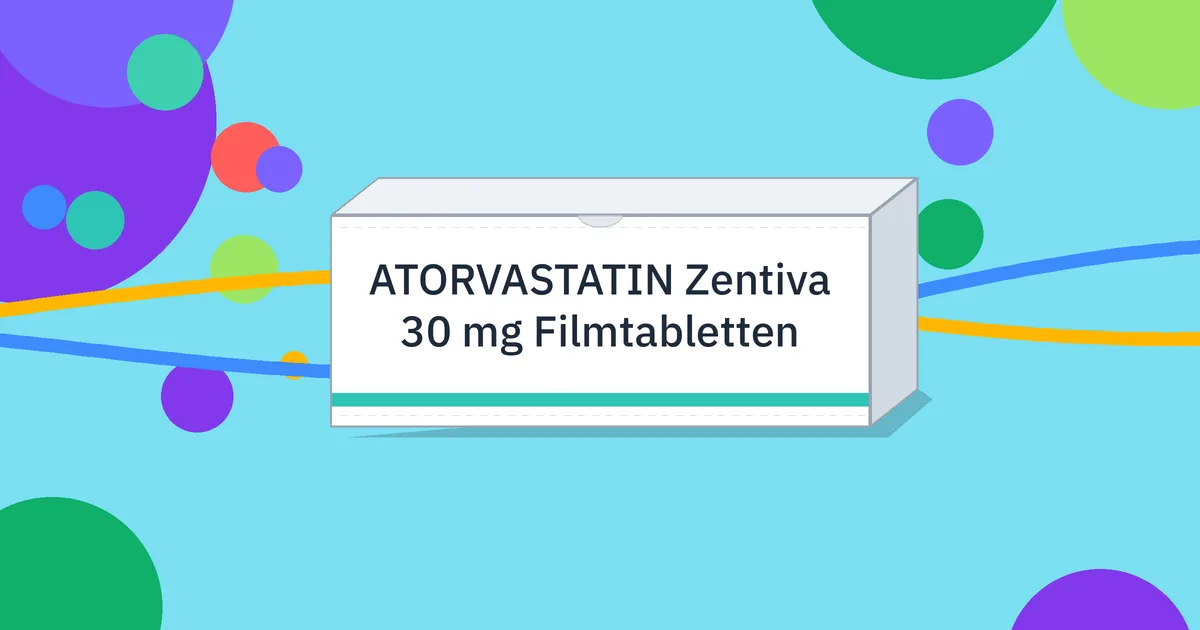 Symbolbild: Packung mit der Aufschrift ATORVASTATIN Zentiva 30 mg Filmtabletten (PZN 15784361) – Verfügbarkeit und Bezug in Apotheken in Frankfurt am Main