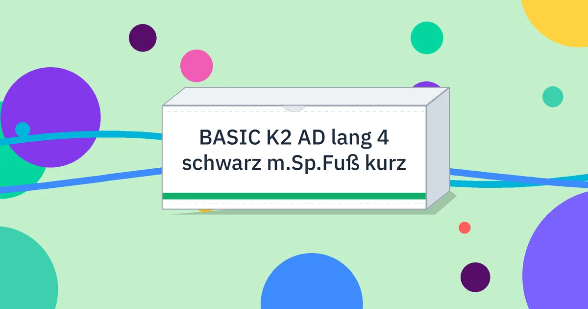 Symbolbild: Packung mit der Aufschrift BASIC K2 AD lang 4 schwarz m.Sp.Fuß kurz (PZN 20264706) – Verfügbarkeit und Bezug in Apotheken in Frankfurt am Main