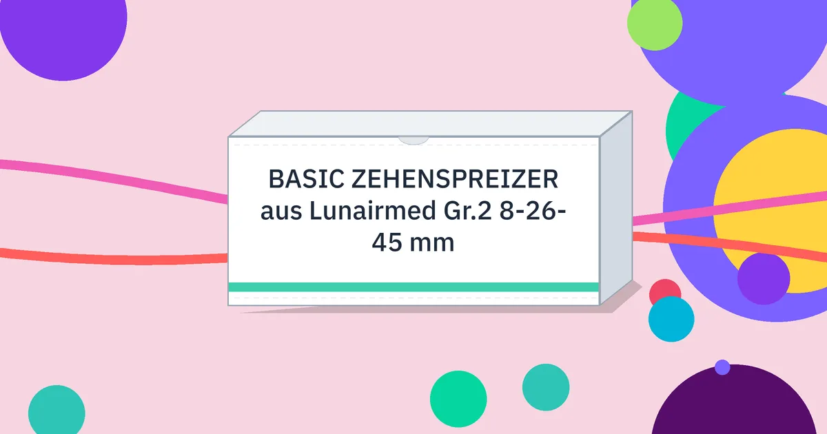 Symbolbild: Packung mit der Aufschrift BASIC ZEHENSPREIZER aus Lunairmed Gr.2 8-26-45 mm (PZN 15380592) – Verfügbarkeit und Bezug in Apotheken in Frankfurt am Main