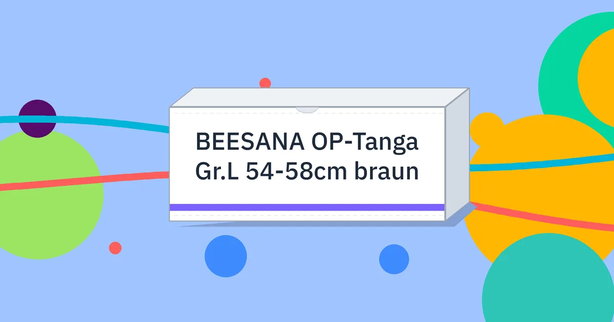Symbolbild: Packung mit der Aufschrift BEESANA OP-Tanga Gr.L 54-58cm braun (PZN 11857324) – Verfügbarkeit und Bezug in Apotheken in Frankfurt am Main