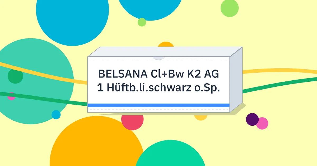 Symbolbild: Packung mit der Aufschrift BELSANA Cl+Bw K2 AG 1 Hüftb.li.schwarz o.Sp. (PZN 12253781) – Verfügbarkeit und Bezug in Apotheken in Frankfurt am Main