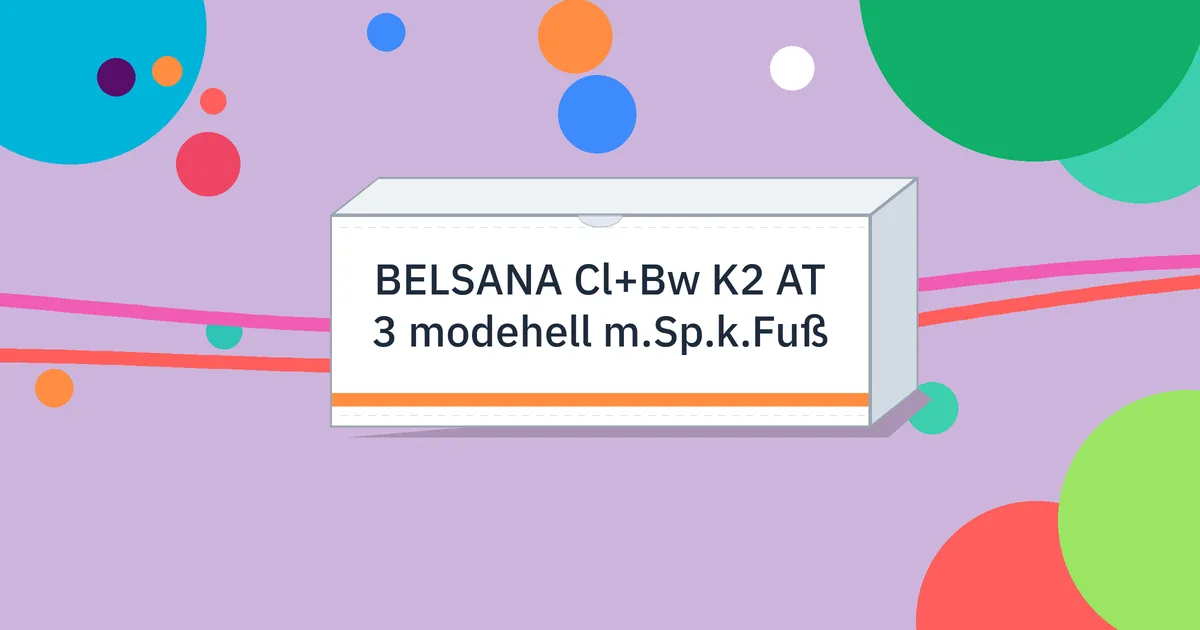Symbolbild: Packung mit der Aufschrift BELSANA Cl+Bw K2 AT 3 modehell m.Sp.k.Fuß (PZN 12249578) – Verfügbarkeit und Bezug in Apotheken in Frankfurt am Main