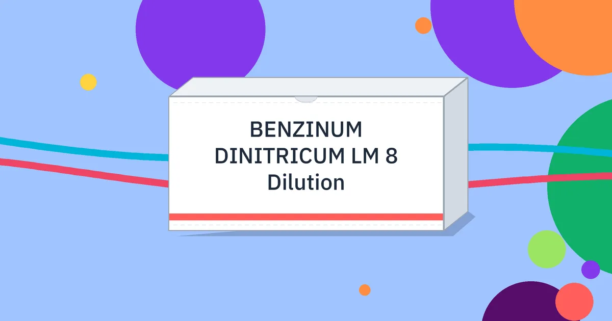 Symbolbild: Packung mit der Aufschrift BENZINUM DINITRICUM LM 8 Dilution (PZN 13382115) – Verfügbarkeit und Bezug in Apotheken in Frankfurt am Main