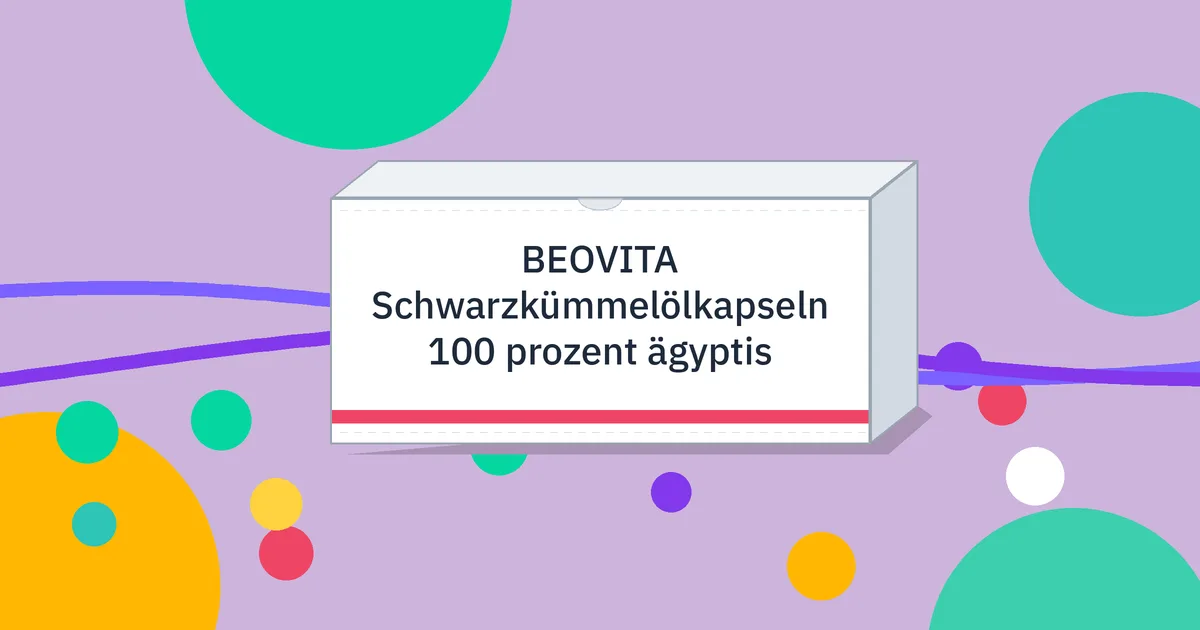 Symbolbild: Packung mit der Aufschrift BEOVITA Schwarzkümmelölkapseln 100 prozent ägyptis (PZN 05122995) – Verfügbarkeit und Bezug in Apotheken in Frankfurt am Main
