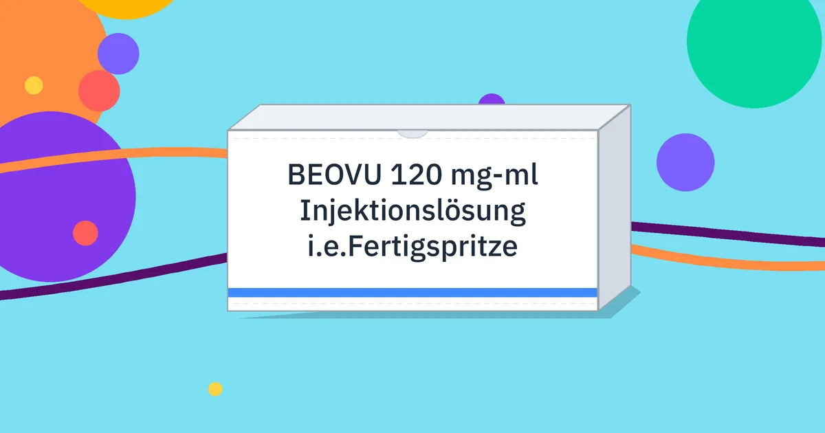 Symbolbild: Packung mit der Aufschrift BEOVU 120 mg-ml Injektionslösung i.e.Fertigspritze (PZN 18110120) – Verfügbarkeit und Bezug in Apotheken in Frankfurt am Main