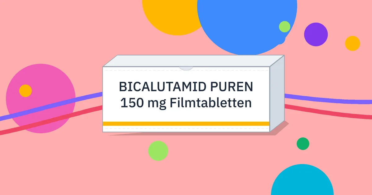Symbolbild: Packung mit der Aufschrift BICALUTAMID PUREN 150 mg Filmtabletten (PZN 19810776) – Verfügbarkeit und Bezug in Apotheken in Frankfurt am Main