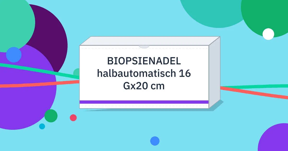 Symbolbild: Packung mit der Aufschrift BIOPSIENADEL halbautomatisch 16 Gx20 cm (PZN 18811928) – Verfügbarkeit und Bezug in Apotheken in Frankfurt am Main