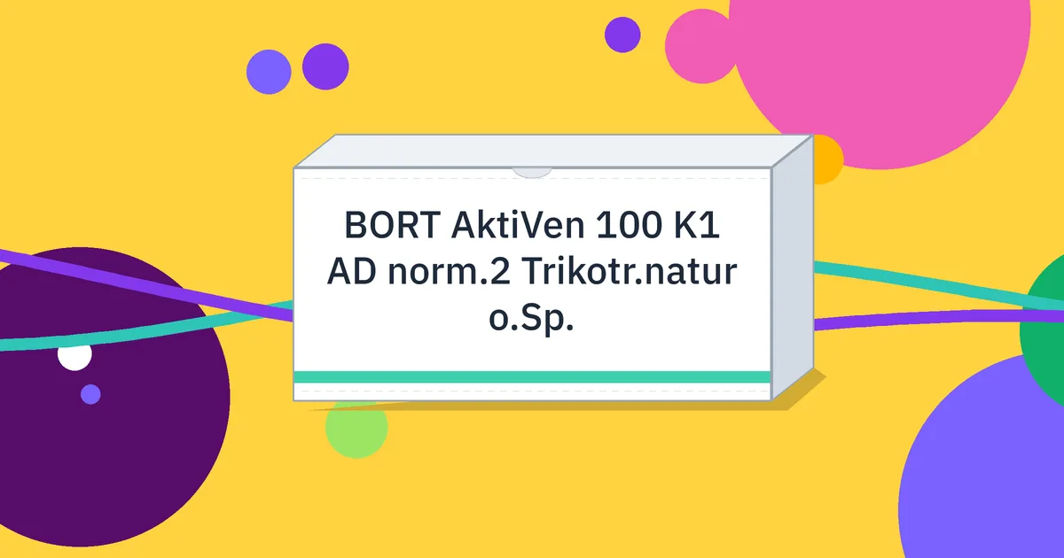 Symbolbild: Packung mit der Aufschrift BORT AktiVen 100 K1 AD norm.2 Trikotr.natur o.Sp. (PZN 13725957) – Verfügbarkeit und Bezug in Apotheken in Frankfurt am Main