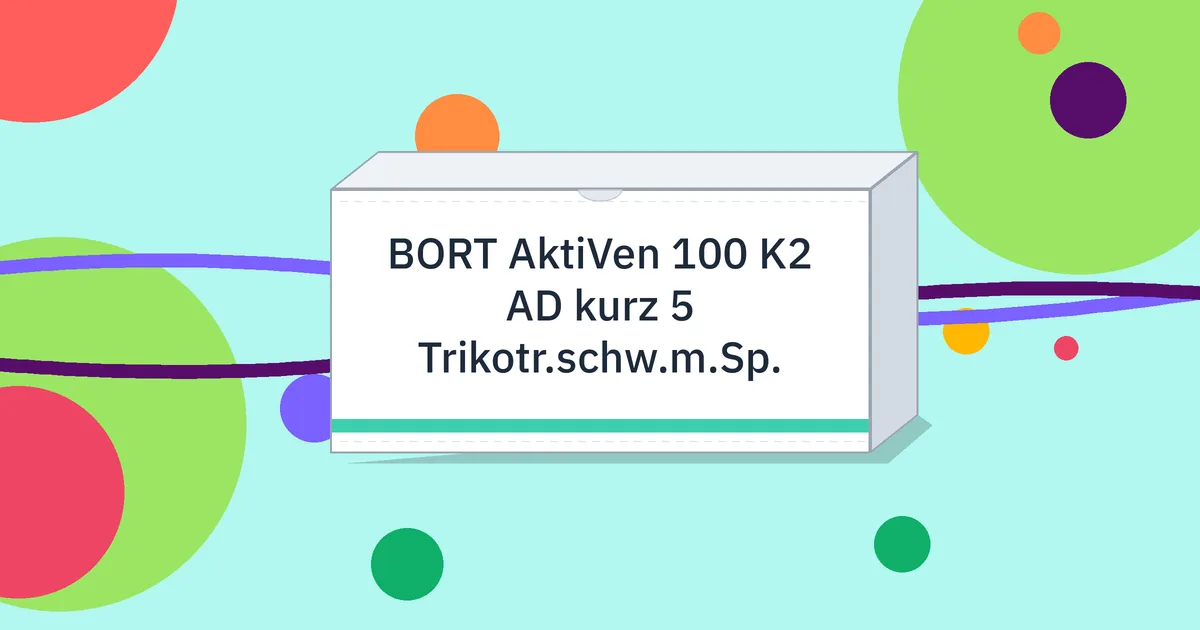 Symbolbild: Packung mit der Aufschrift BORT AktiVen 100 K2 AD kurz 5 Trikotr.schw.m.Sp. (PZN 14386836) – Verfügbarkeit und Bezug in Apotheken in Frankfurt am Main