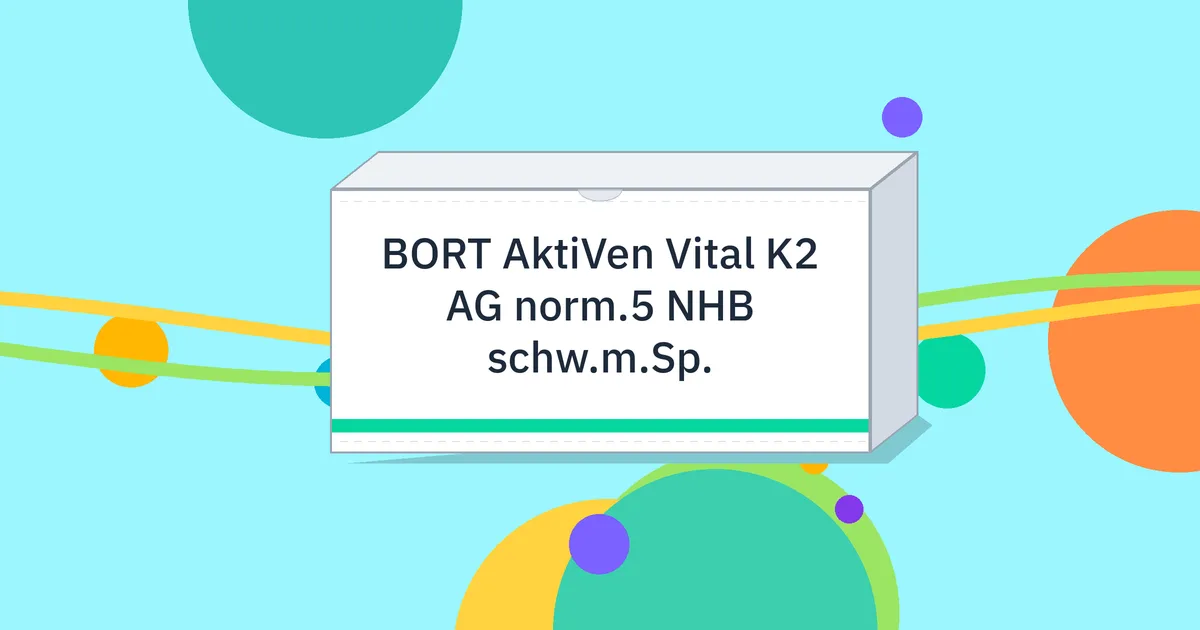 Symbolbild: Packung mit der Aufschrift BORT AktiVen Vital K2 AG norm.5 NHB schw.m.Sp. (PZN 12385011) – Verfügbarkeit und Bezug in Apotheken in Frankfurt am Main