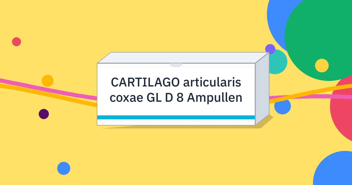 Symbolbild: Packung mit der Aufschrift CARTILAGO articularis coxae GL D 8 Ampullen (PZN 03359434) – Verfügbarkeit und Bezug in Apotheken in Frankfurt am Main