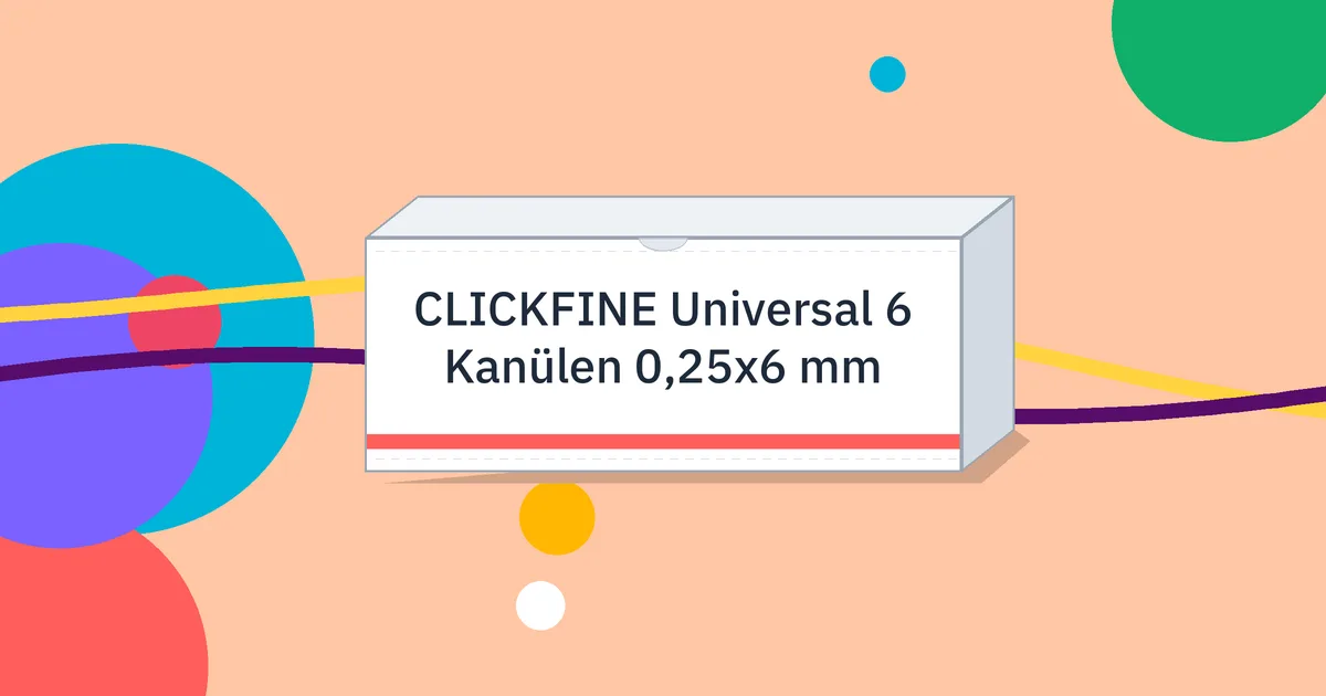 Symbolbild: Packung mit der Aufschrift CLICKFINE Universal 6 Kanülen 0,25x6 mm (PZN 19699296) – Verfügbarkeit und Bezug in Apotheken in Frankfurt am Main