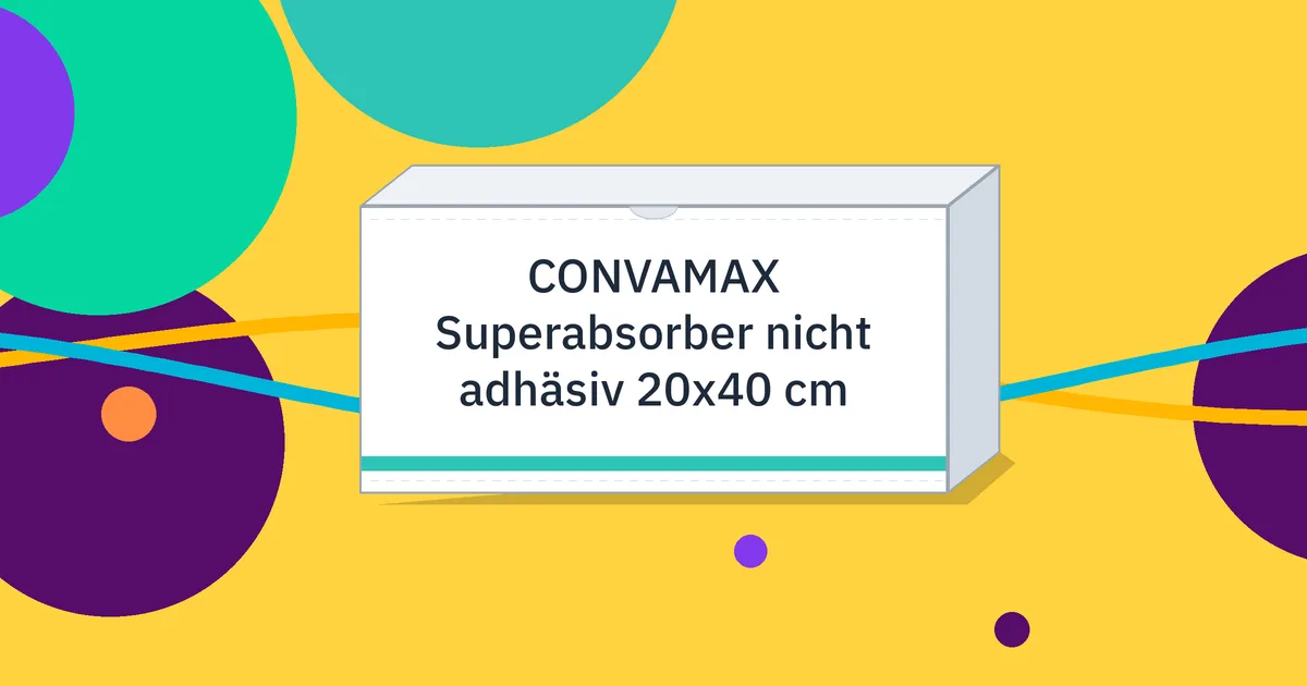 Symbolbild: Packung mit der Aufschrift CONVAMAX Superabsorber nicht adhäsiv 20x40 cm (PZN 20629415) – Verfügbarkeit und Bezug in Apotheken in Frankfurt am Main