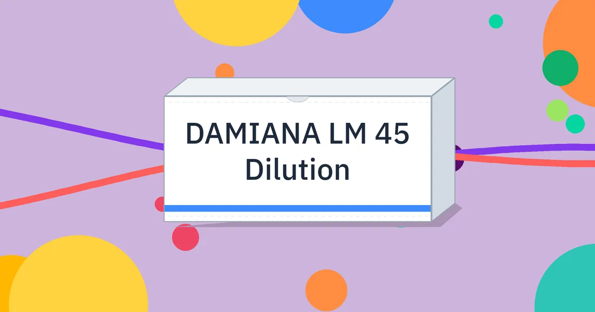 Symbolbild: Packung mit der Aufschrift DAMIANA LM 45 Dilution (PZN 13461234) – Verfügbarkeit und Bezug in Apotheken in Frankfurt am Main