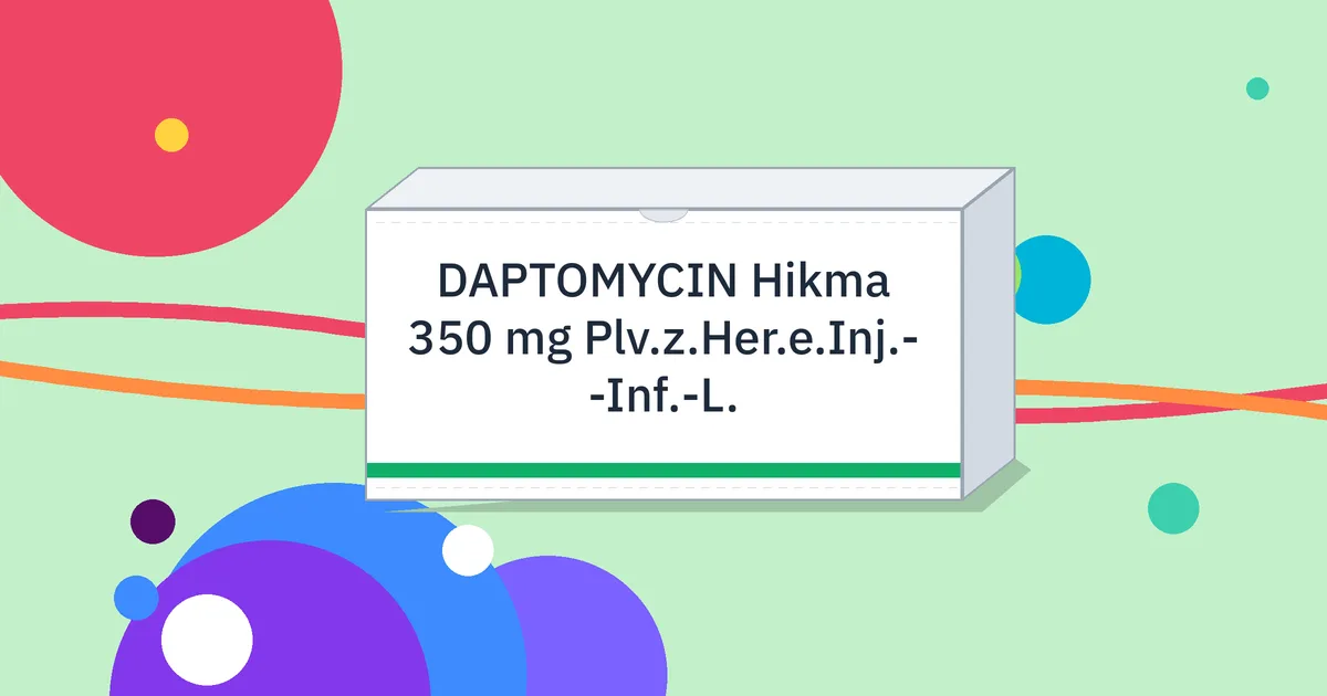 Symbolbild: Packung mit der Aufschrift DAPTOMYCIN Hikma 350 mg Plv.z.Her.e.Inj.--Inf.-L. (PZN 19547764) – Verfügbarkeit und Bezug in Apotheken in Frankfurt am Main