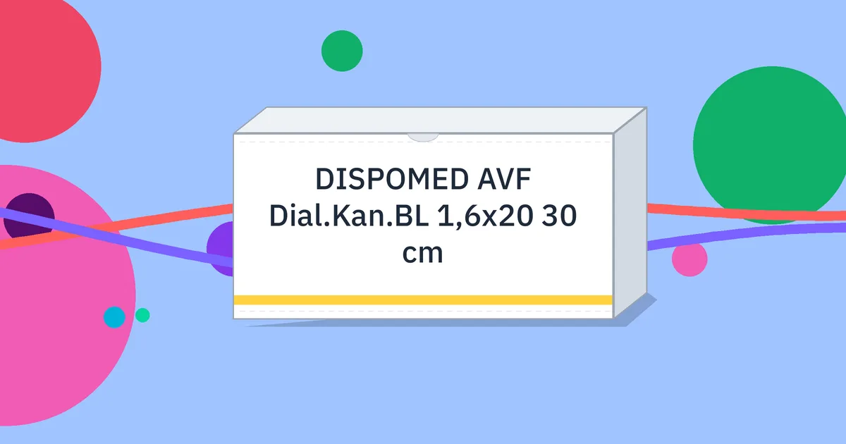 Symbolbild: Packung mit der Aufschrift DISPOMED AVF Dial.Kan.BL 1,6x20 30 cm (PZN 08495596) – Verfügbarkeit und Bezug in Apotheken in Frankfurt am Main