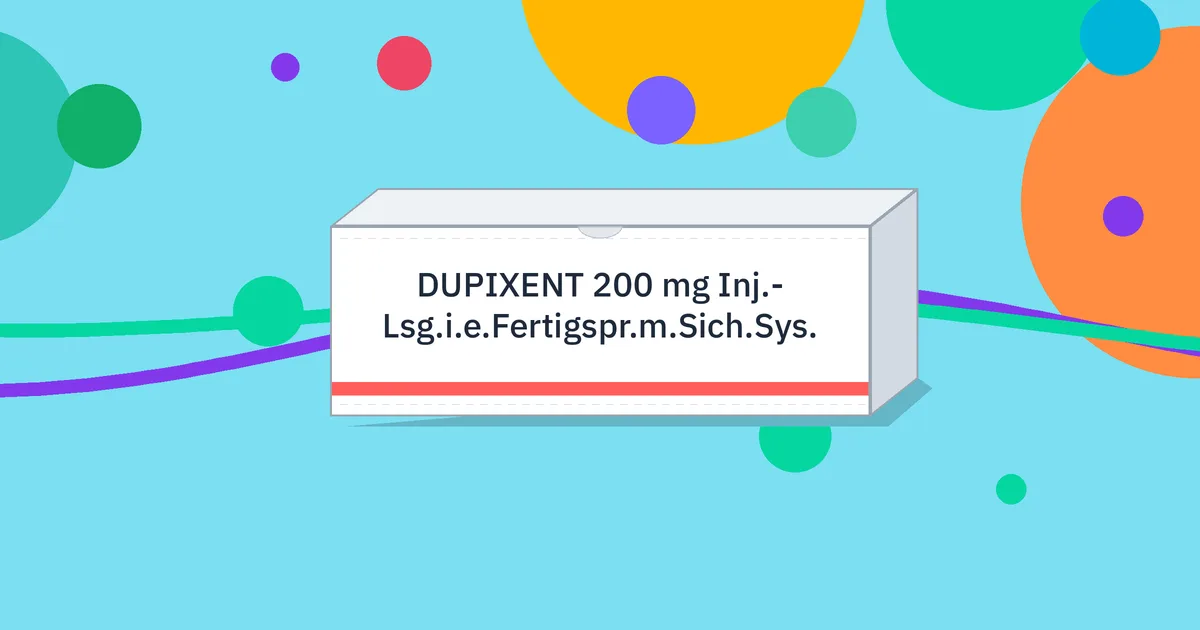 Symbolbild: Packung mit der Aufschrift DUPIXENT 200 mg Inj.-Lsg.i.e.Fertigspr.m.Sich.Sys. (PZN 14350123) – Verfügbarkeit und Bezug in Apotheken in Frankfurt am Main
