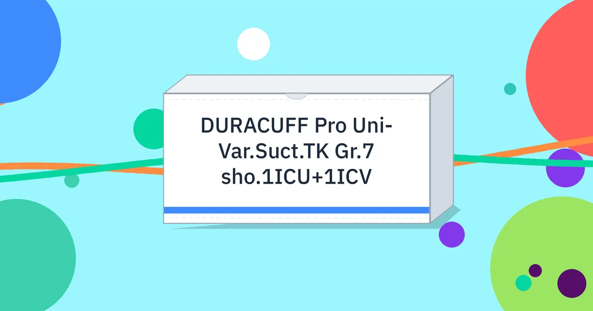 Symbolbild: Packung mit der Aufschrift DURACUFF Pro Uni-Var.Suct.TK Gr.7 sho.1ICU+1ICV (PZN 19244489) – Verfügbarkeit und Bezug in Apotheken in Frankfurt am Main