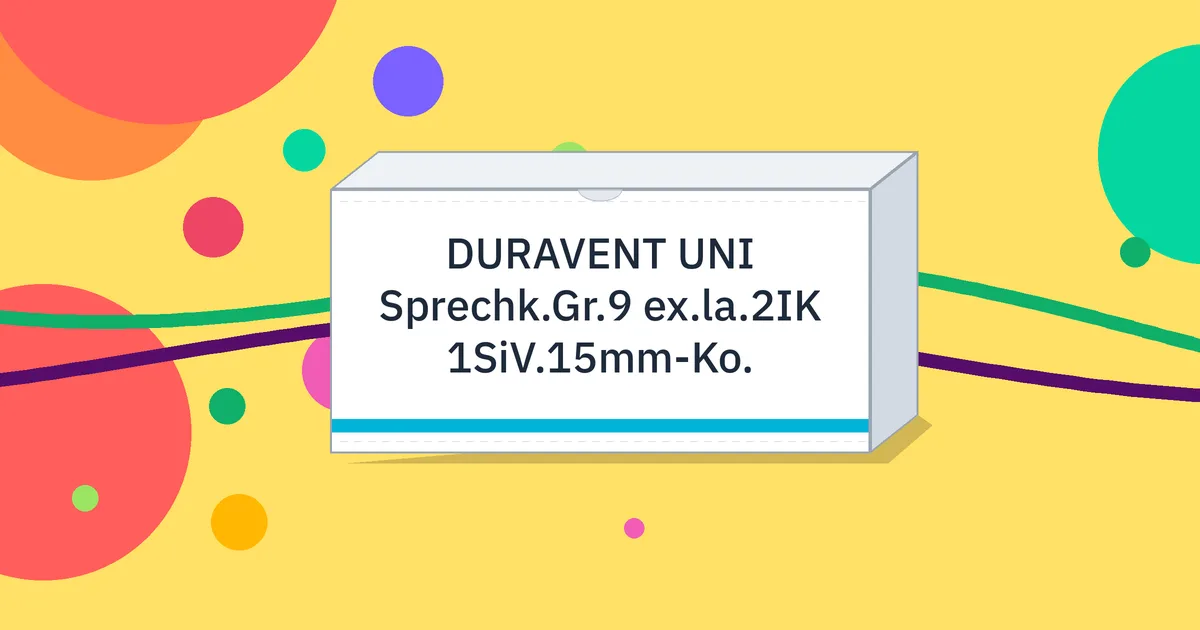 Symbolbild: Packung mit der Aufschrift DURAVENT UNI Sprechk.Gr.9 ex.la.2IK 1SiV.15mm-Ko. (PZN 02088967) – Verfügbarkeit und Bezug in Apotheken in Frankfurt am Main