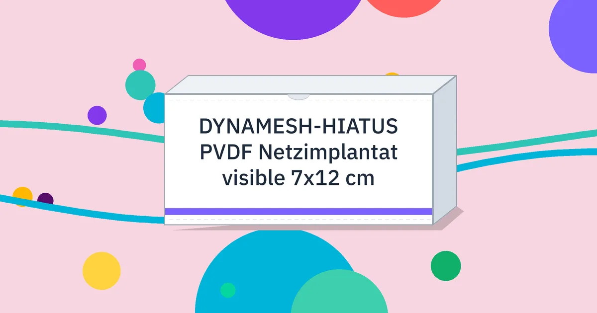 Symbolbild: Packung mit der Aufschrift DYNAMESH-HIATUS PVDF Netzimplantat visible 7x12 cm (PZN 19389609) – Verfügbarkeit und Bezug in Apotheken in Frankfurt am Main