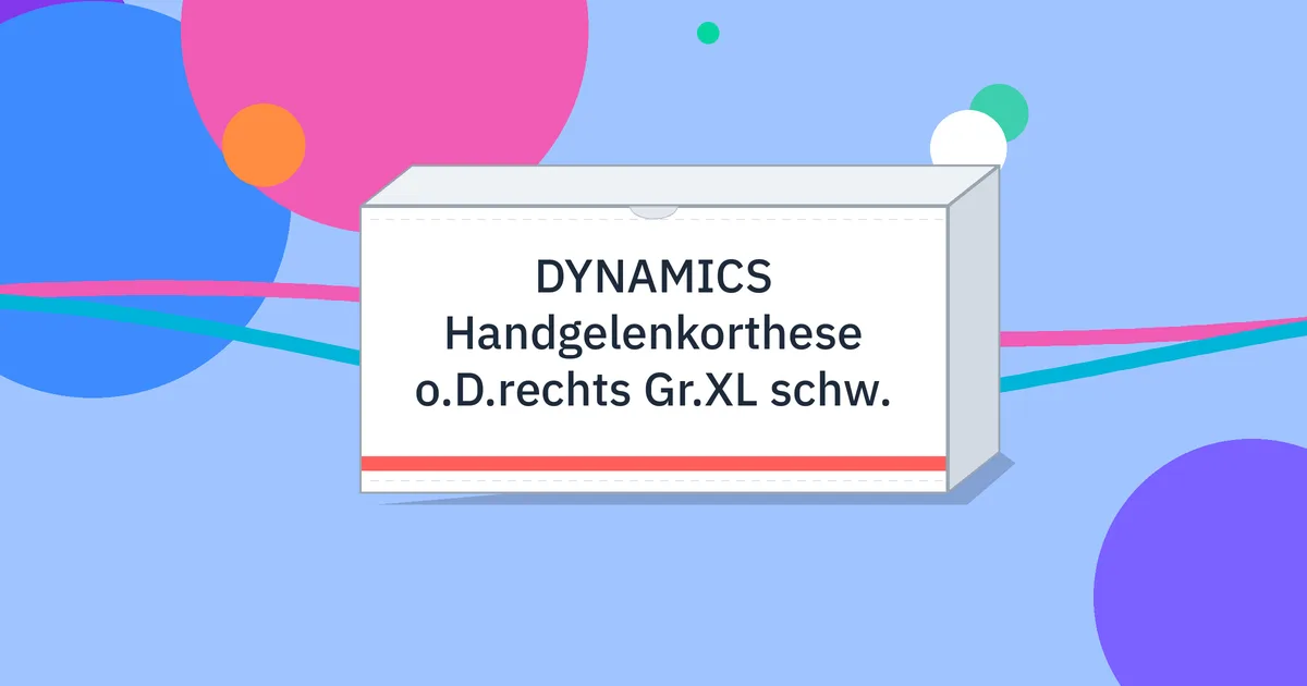 Symbolbild: Packung mit der Aufschrift DYNAMICS Handgelenkorthese o.D.rechts Gr.XL schw. (PZN 10633321) – Verfügbarkeit und Bezug in Apotheken in Frankfurt am Main