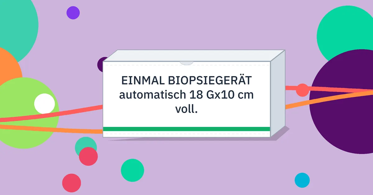 Symbolbild: Packung mit der Aufschrift EINMAL BIOPSIEGERÄT automatisch 18 Gx10 cm voll. (PZN 14384429) – Verfügbarkeit und Bezug in Apotheken in Frankfurt am Main