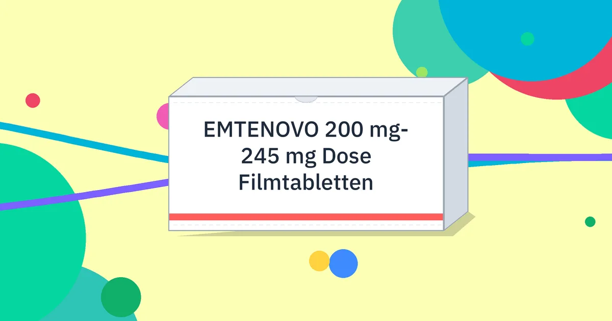 Symbolbild: Packung mit der Aufschrift EMTENOVO 200 mg-245 mg Dose Filmtabletten (PZN 13198363) – Verfügbarkeit und Bezug in Apotheken in Frankfurt am Main
