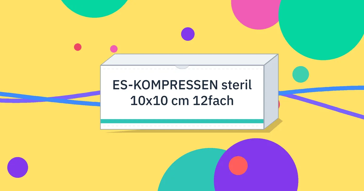 Symbolbild: Packung mit der Aufschrift ES-KOMPRESSEN steril 10x10 cm 12fach (PZN 17605658) – Verfügbarkeit und Bezug in Apotheken in Frankfurt am Main