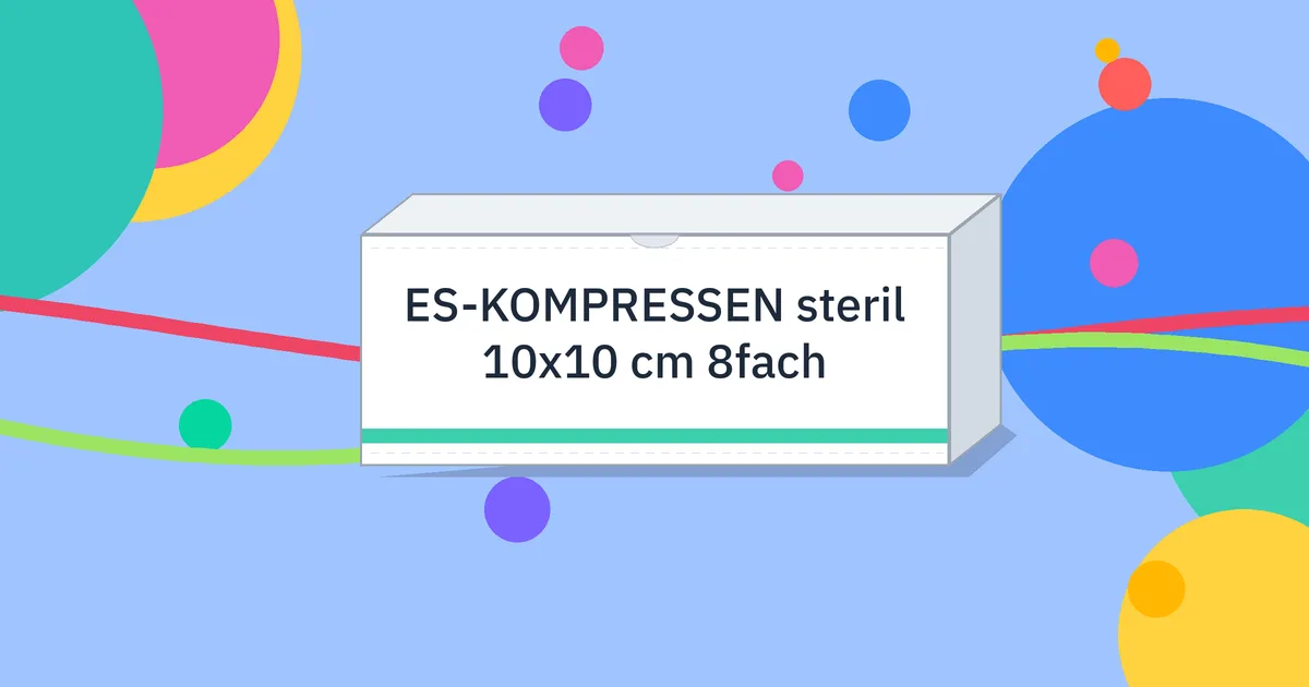 Symbolbild: Packung mit der Aufschrift ES-KOMPRESSEN steril 10x10 cm 8fach (PZN 20164910) – Verfügbarkeit und Bezug in Apotheken in Frankfurt am Main