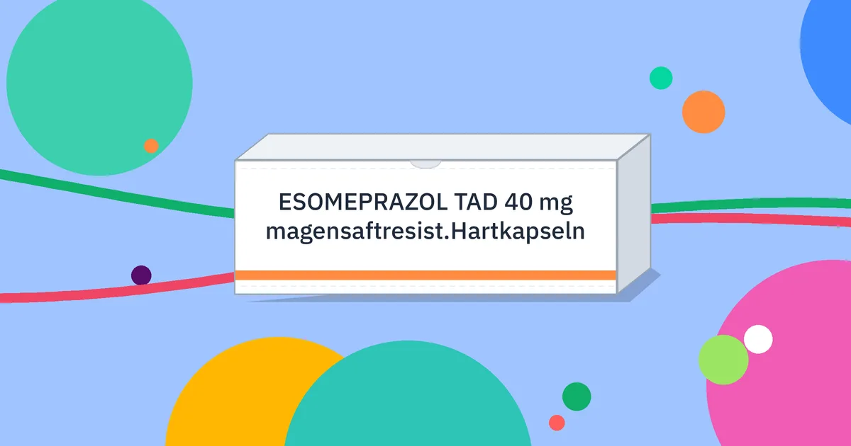 Symbolbild: Packung mit der Aufschrift ESOMEPRAZOL TAD 40 mg magensaftresist.Hartkapseln (PZN 07772935) – Verfügbarkeit und Bezug in Apotheken in Frankfurt am Main